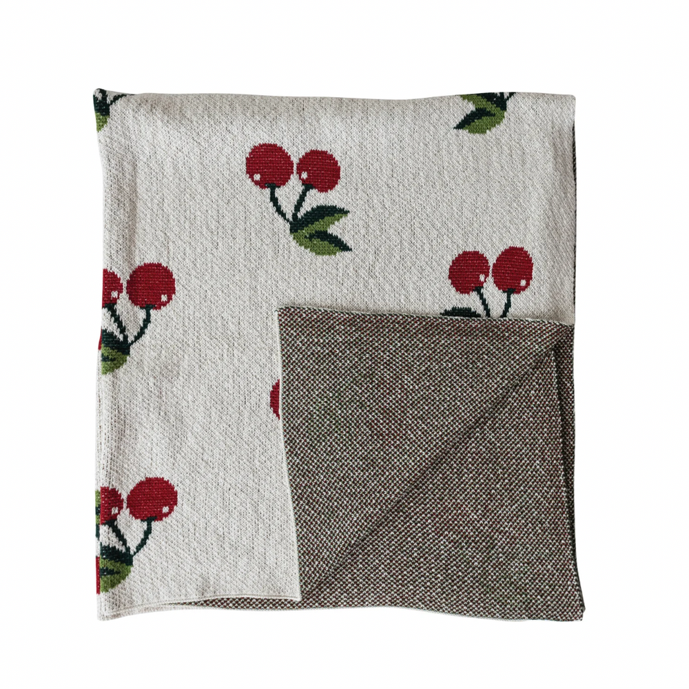 60"L x 50"W Cotton Knit Throw with Cherries, Natural, Red & Green