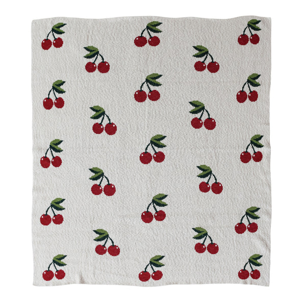 60"L x 50"W Cotton Knit Throw with Cherries, Natural, Red & Green